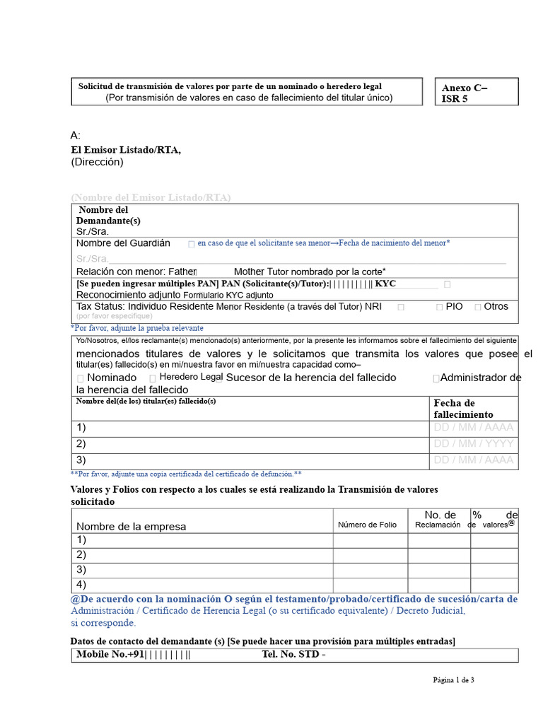Solicitud de Transmisión de Valores por Fallecimiento | PDF