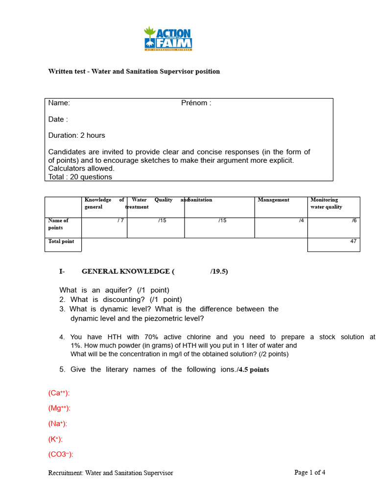 Recruitment Test For Water and Sanitation Supervisor - VF | PDF | Water ...