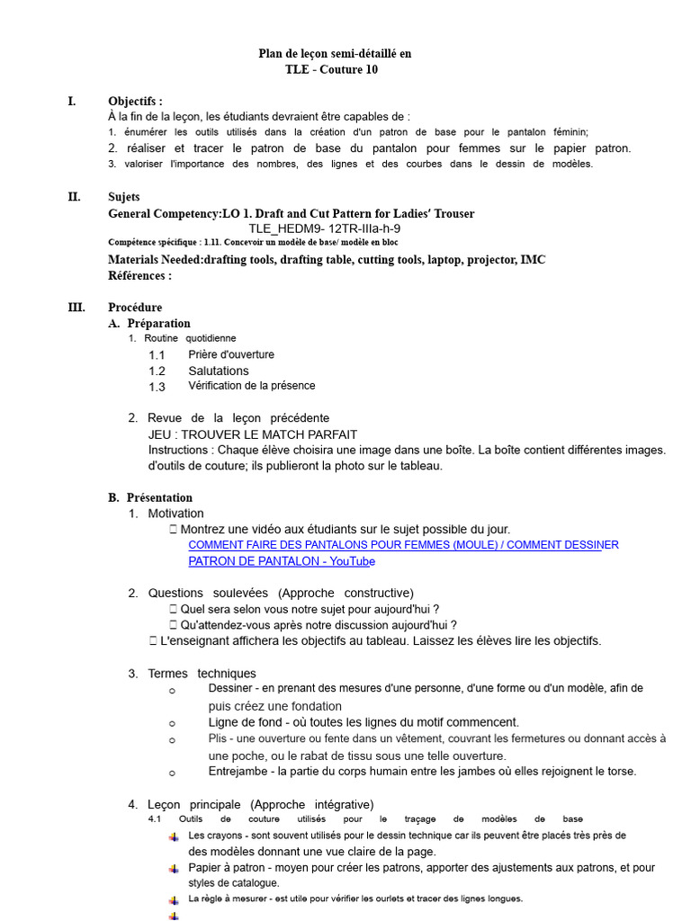 Plan de Leçon Semi-Détaillé en Couture 10 (1er CO 2021) | PDF ...