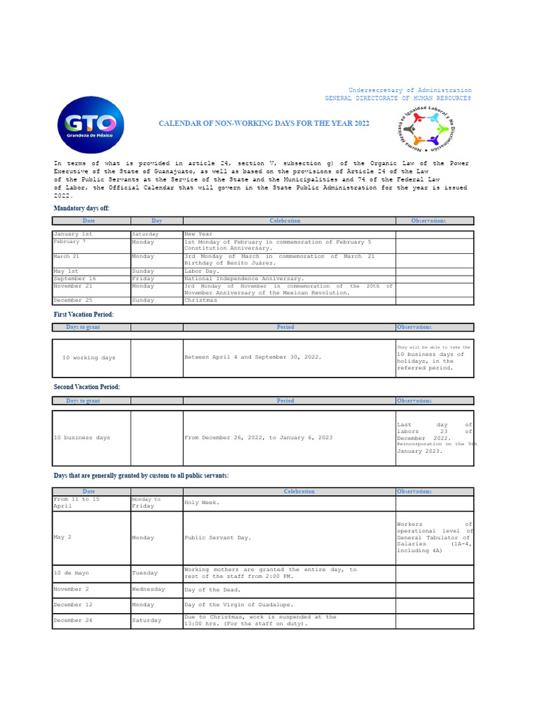 2022 Non-Working Days Calendar, Guanajuato | PDF | Holidays | Michael ...