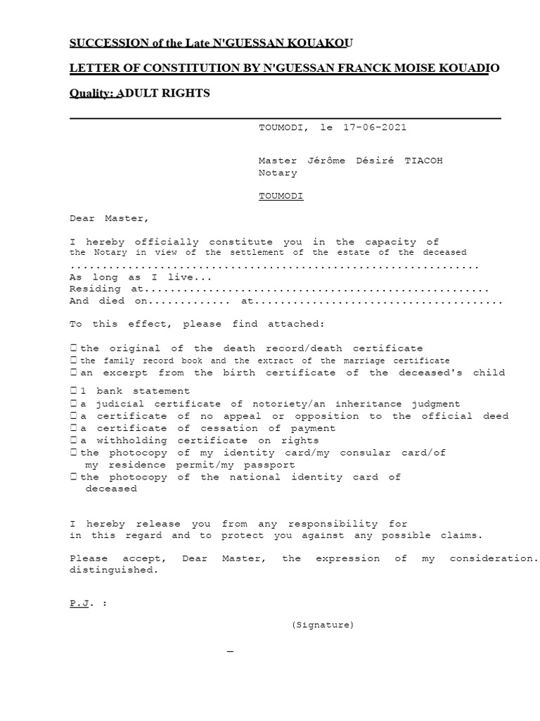 Letter of Constitution For Blank Succession | PDF