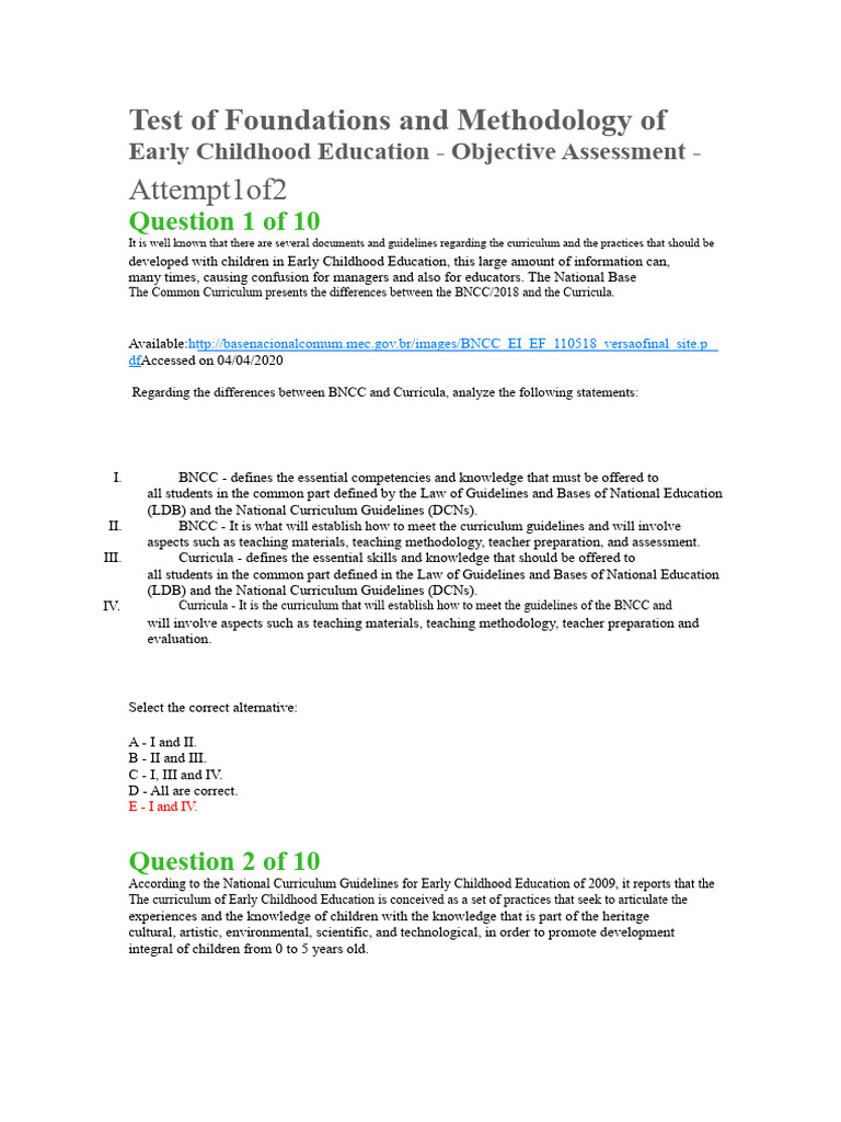 Test On Fundamentals and Methodology of Early Childhood Education | PDF ...