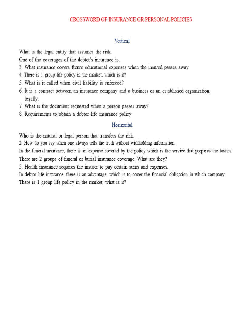 Crossword of Insurance | PDF | Insurance | Life Insurance