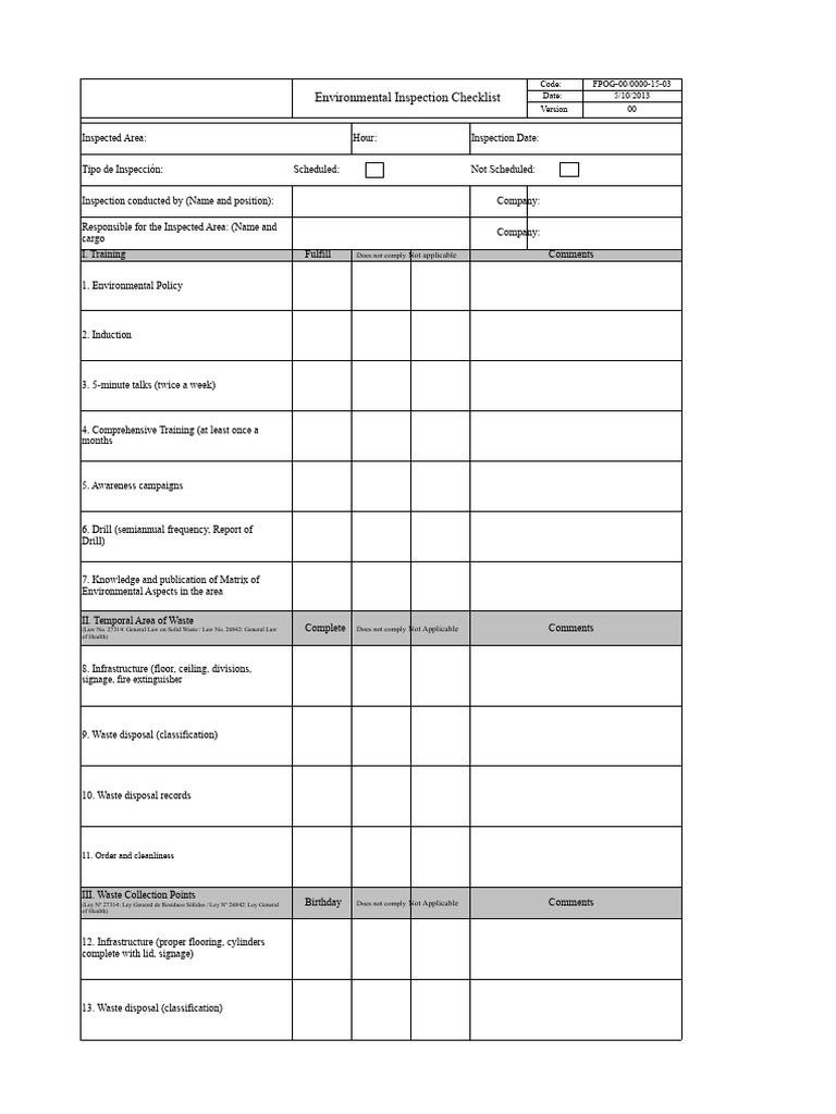 Environmental Inspection Checklist Template | PDF | Waste | Septic Tank