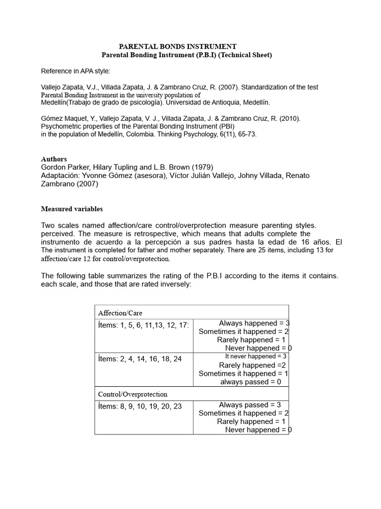 PBI-Parenting Bonds Instrument | PDF | Social Psychology ...
