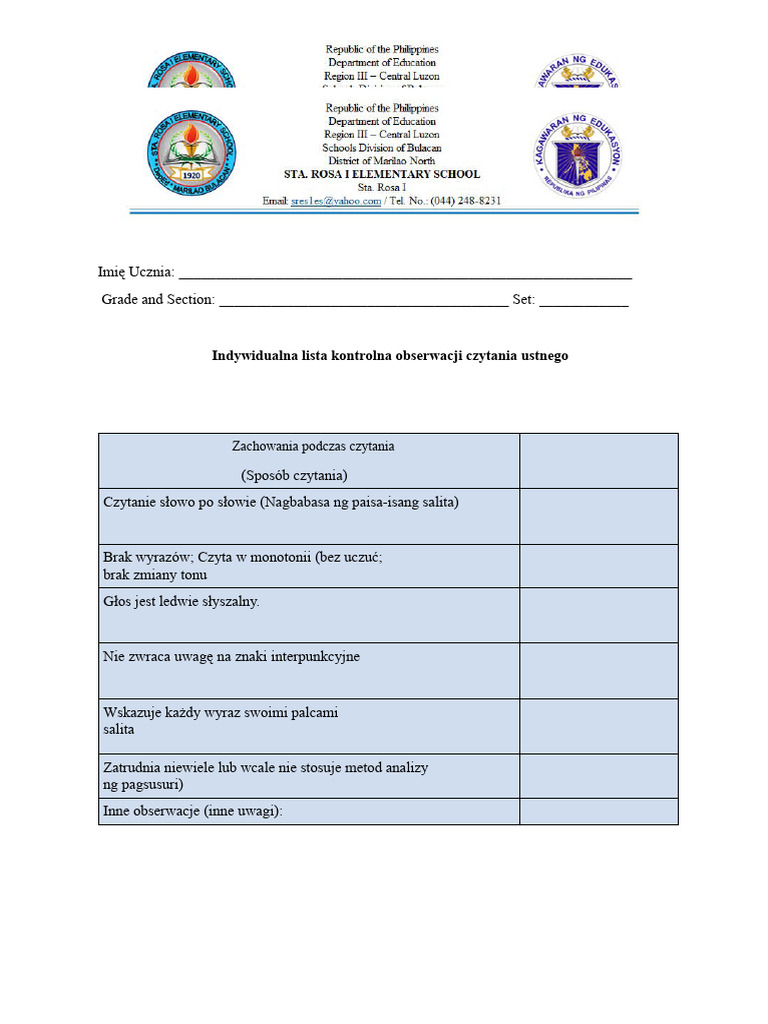 Formularze Phil-IRI | PDF