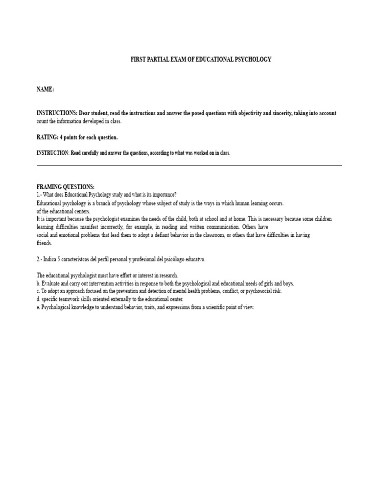 Partial Exam of Educational Psychology | PDF | Educational Psychology ...