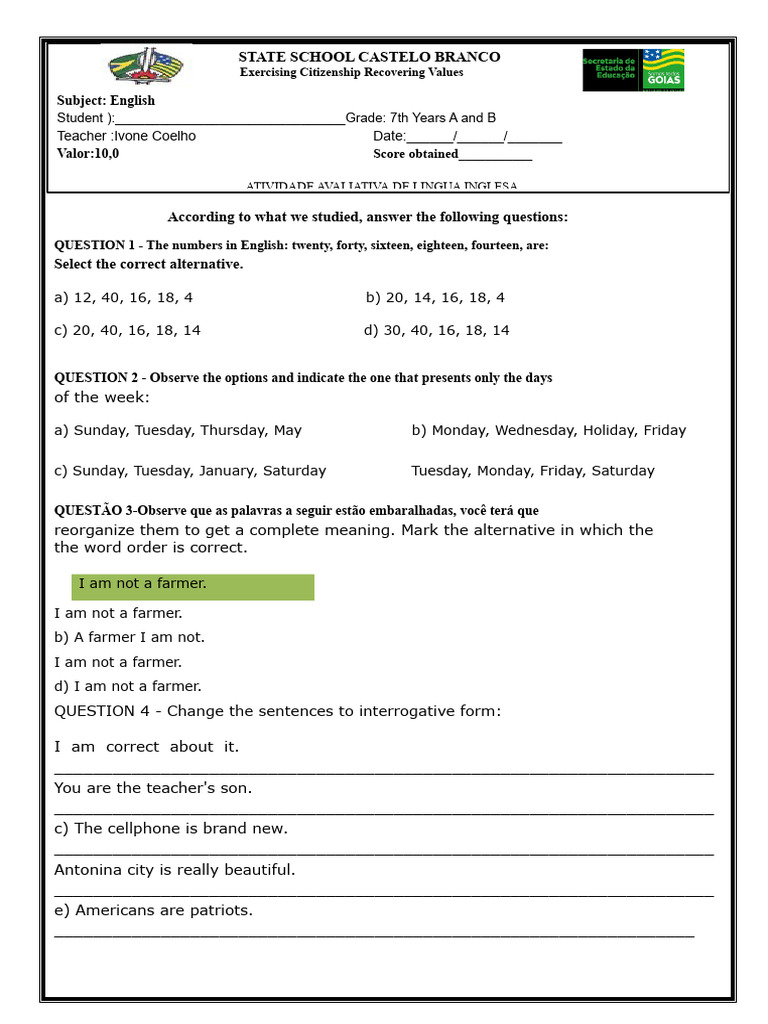 English Test 7th Grade | PDF | Linguistics