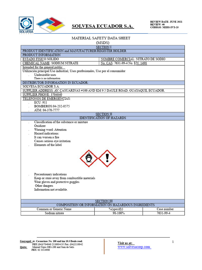 Sodium Nitrate MSDS - Solvesa Ecuador | PDF | Toxicity | Personal ...