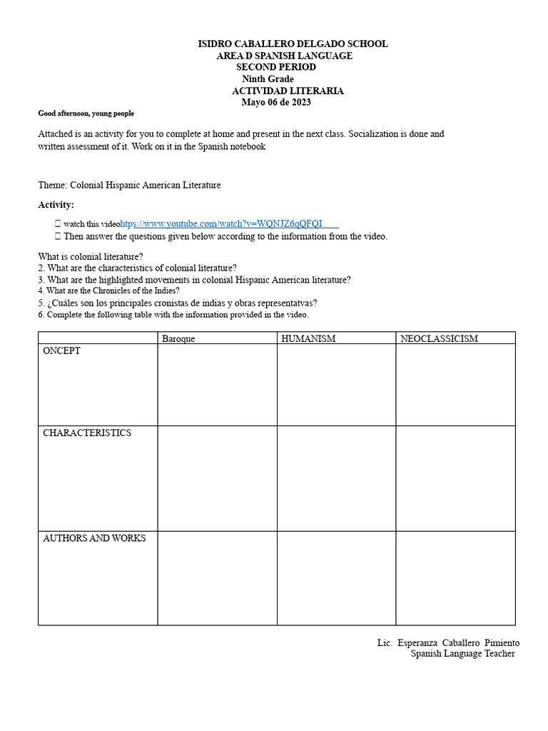 Literary activity. 9th grade | PDF