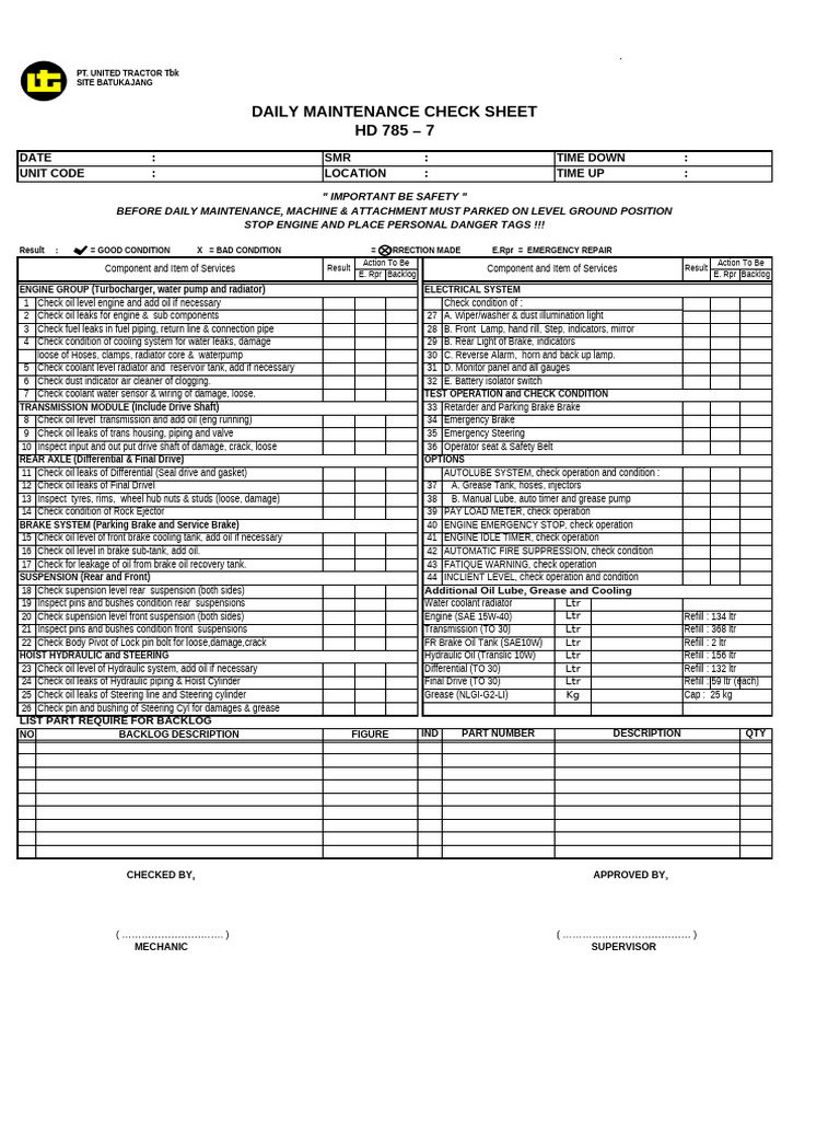 FORM-DAILY-HD785 | PDF | Leak | Brake