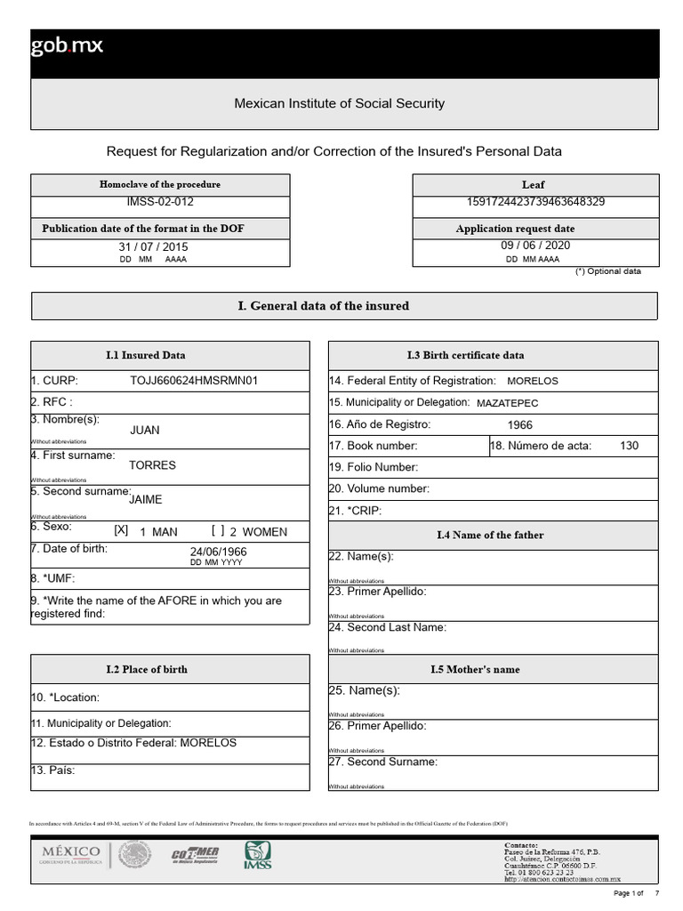 Mexican Institute of Social Security: I. General Data of The Insured ...