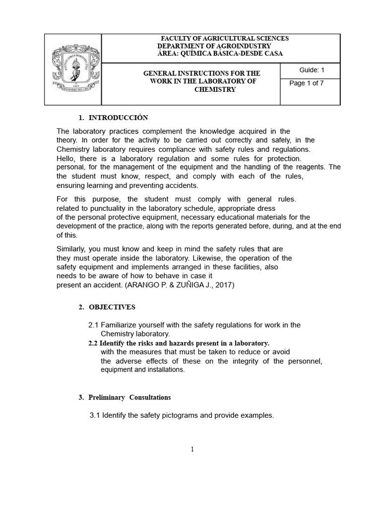 General Instructions For Working in The Chemistry Laboratory | PDF ...