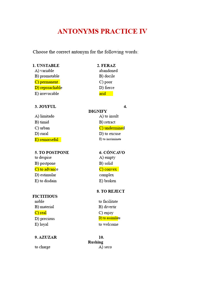 Antonyms Practice Exercises | PDF