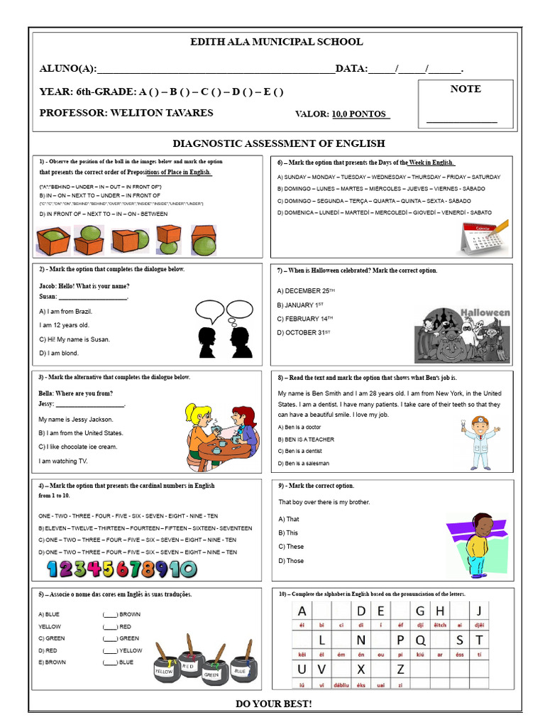 6th Grade English Diagnostic Assessment | PDF | Linguistics