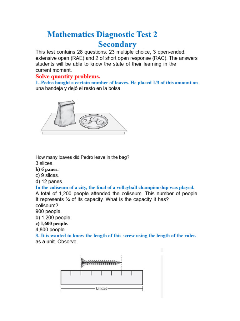 Mathematics Diagnostic Test 2 Secondary | PDF | Multiple Choice