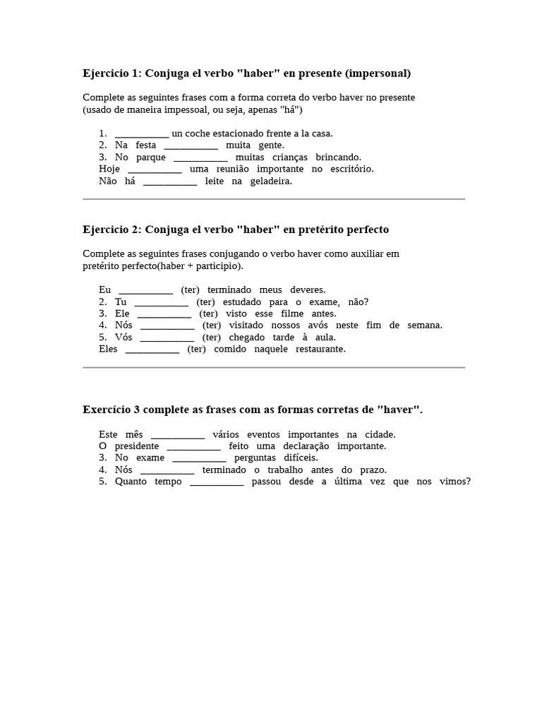 Exercícios de Conjugação do Verbo Haver | PDF