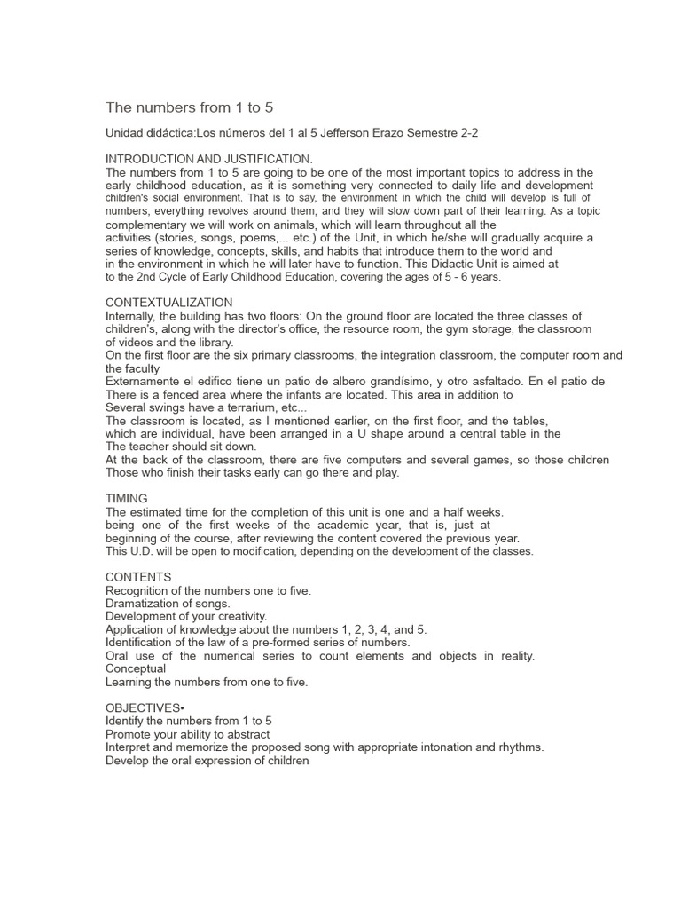 The Numbers From 1 To 5 Lesson Plan | PDF | Early Childhood Education ...