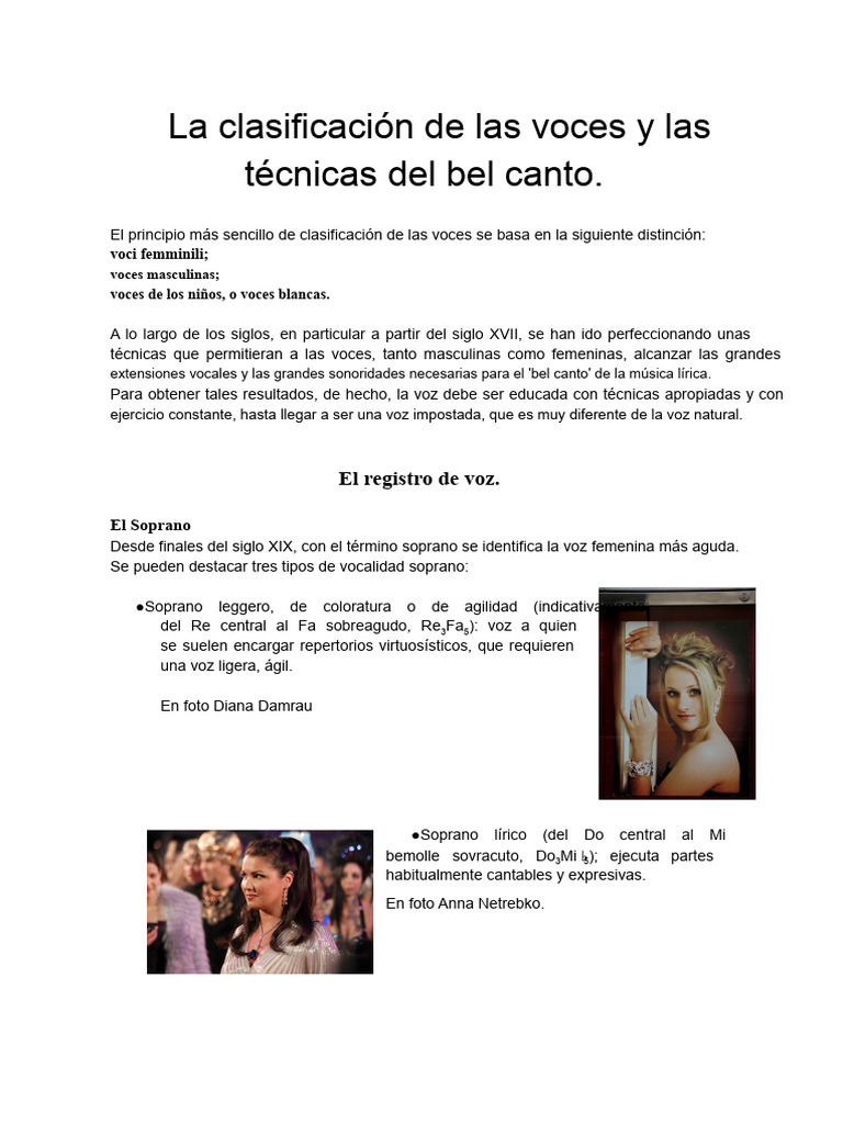 Clasificación de Voces en Bel Canto | PDF | Música vocal | Canto