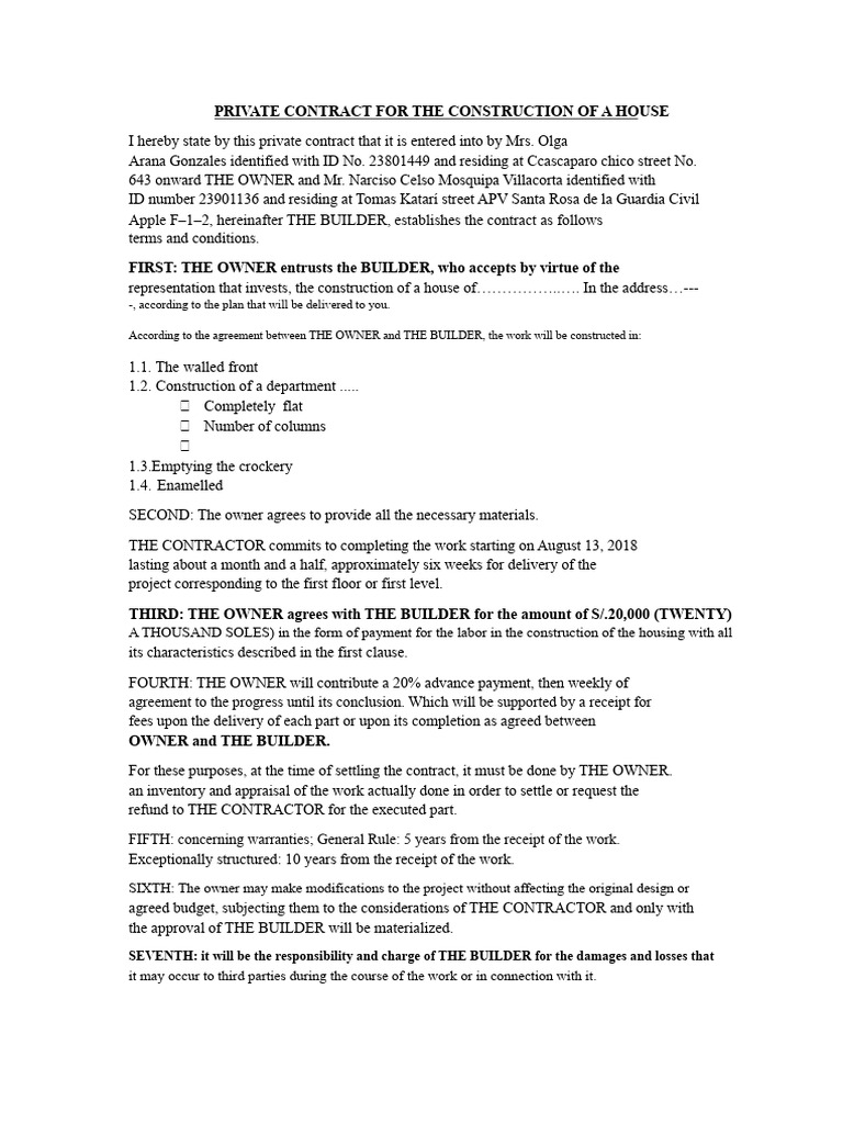 Private Contract For The Construction of A House | PDF | Common Law ...