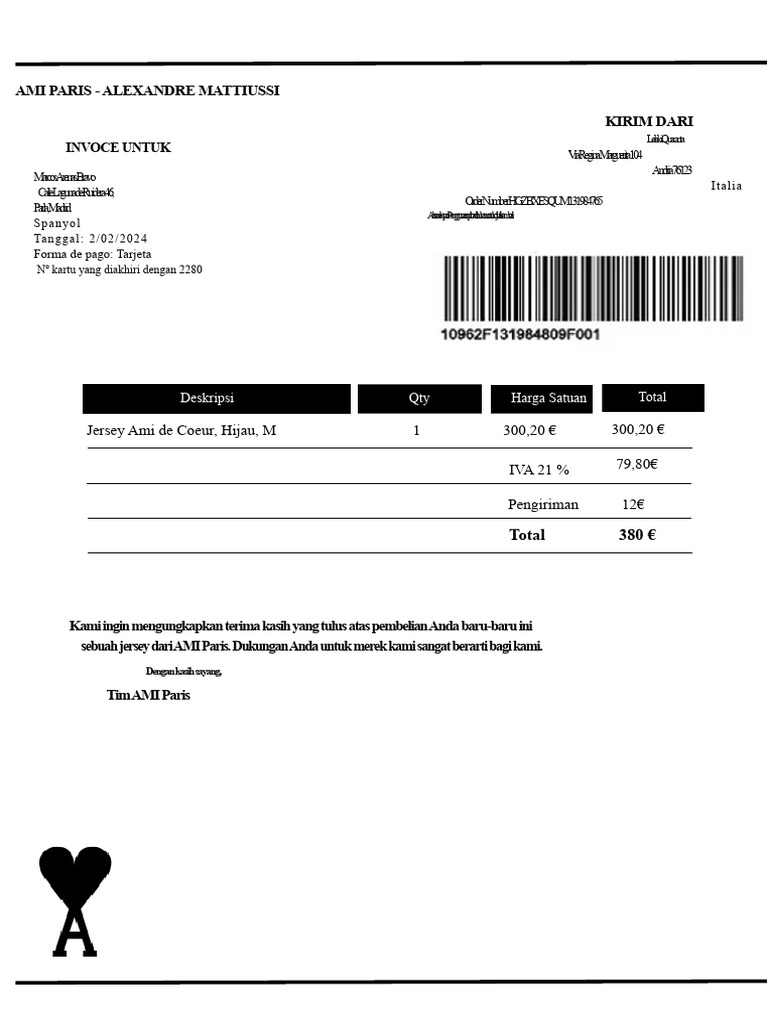 Invoice Pembelian Jersey AMI Paris | PDF