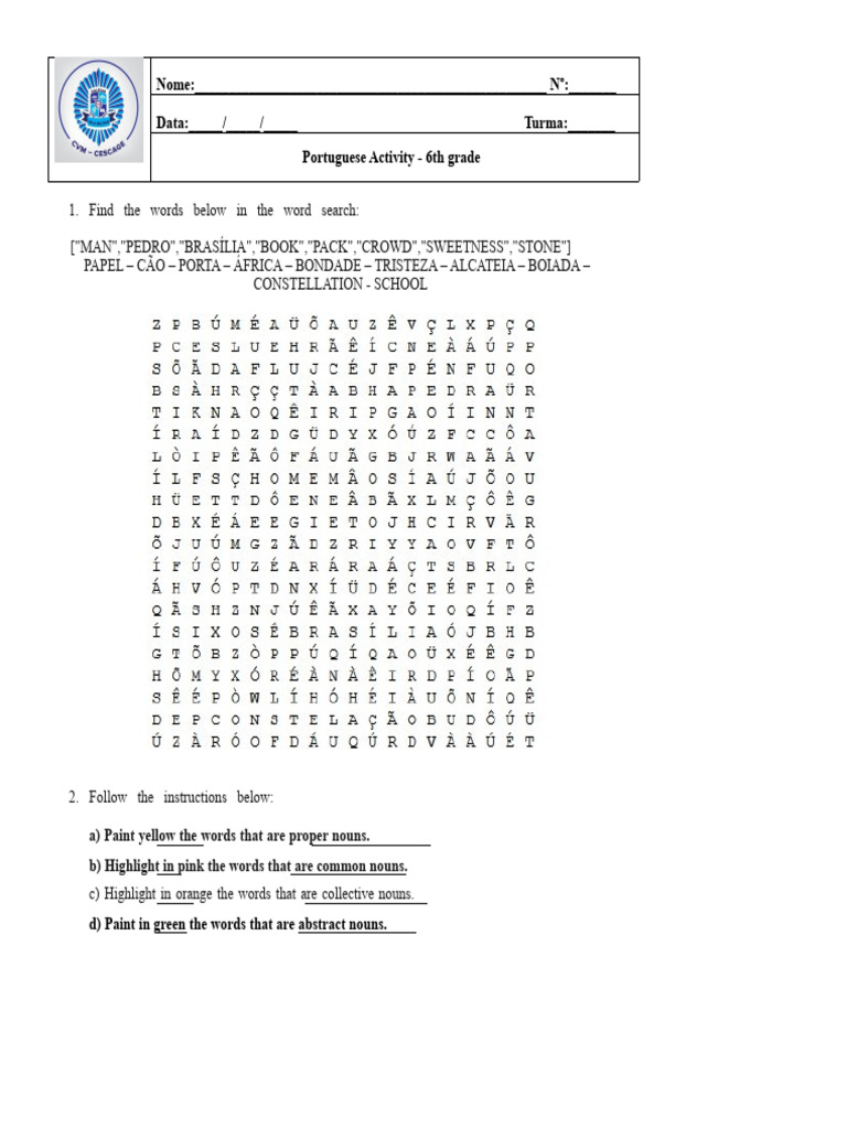 Word Search Activity 6th Grade Nouns | PDF