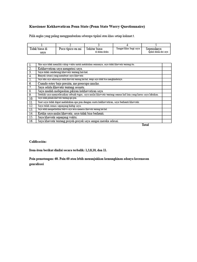 Kuesioner Kekhawatiran Penn State | PDF