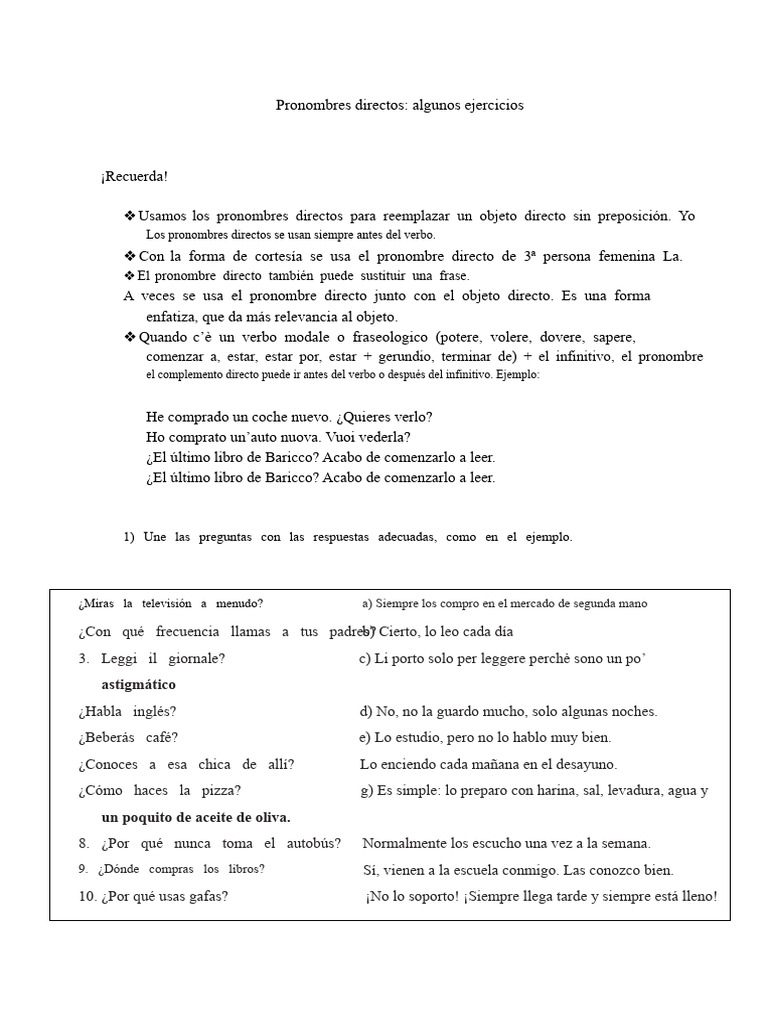 Pronombres directos y los ejercicios | PDF | Objeto (gramática)