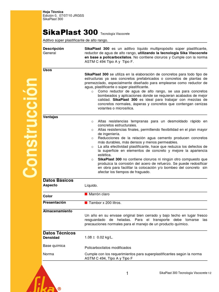 HT SikaPlast 300 | PDF | Hormigón | Cemento
