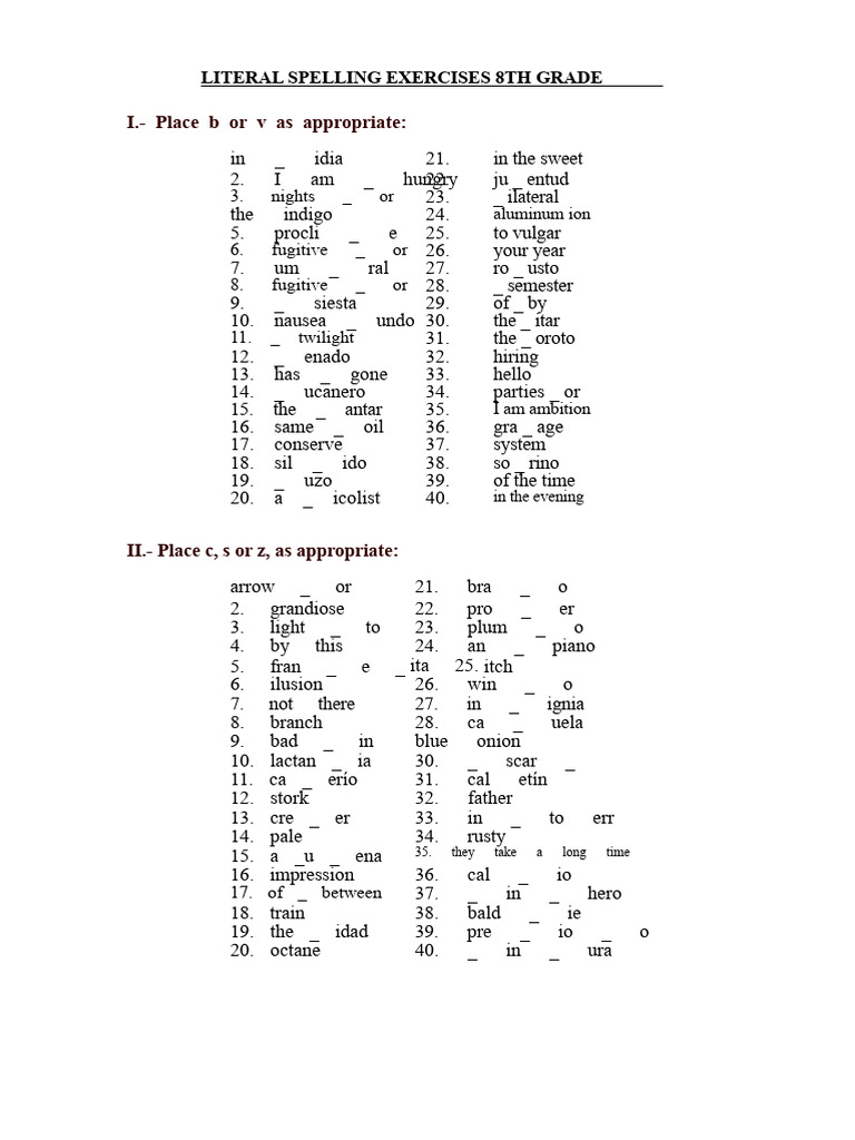 Literal Spelling Exercises 8TH Grade | PDF