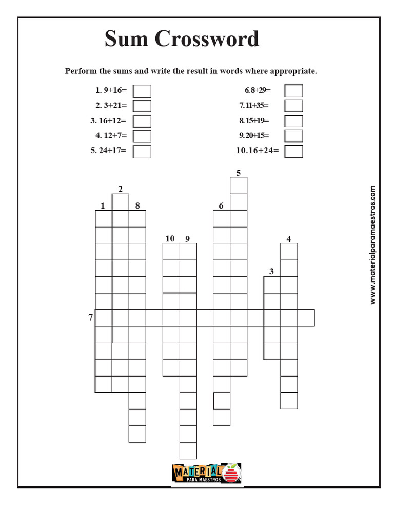 Sum Crossword: Math Addition Puzzles | PDF | Crossword | Chess