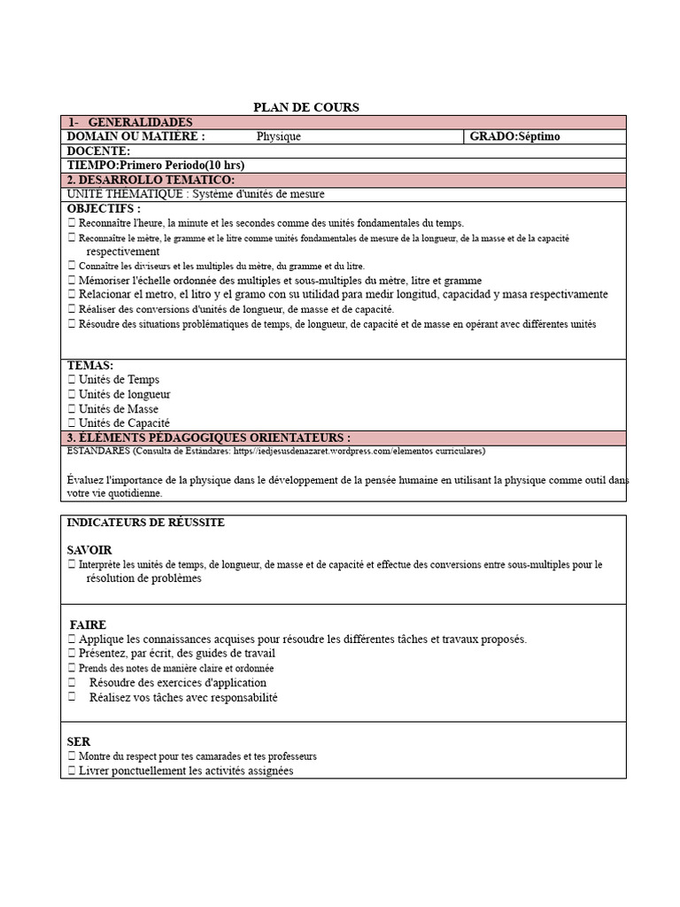 Plan de cours en Physique pour 7e année | PDF | Pédagogie | Masse