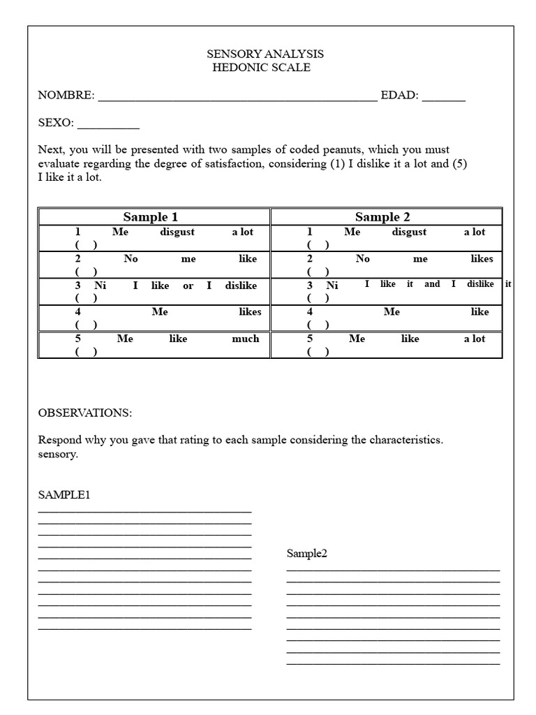 SENSORY ANALYSIS (HEDONIC SCALE) | PDF | Neuropsychology | Tests