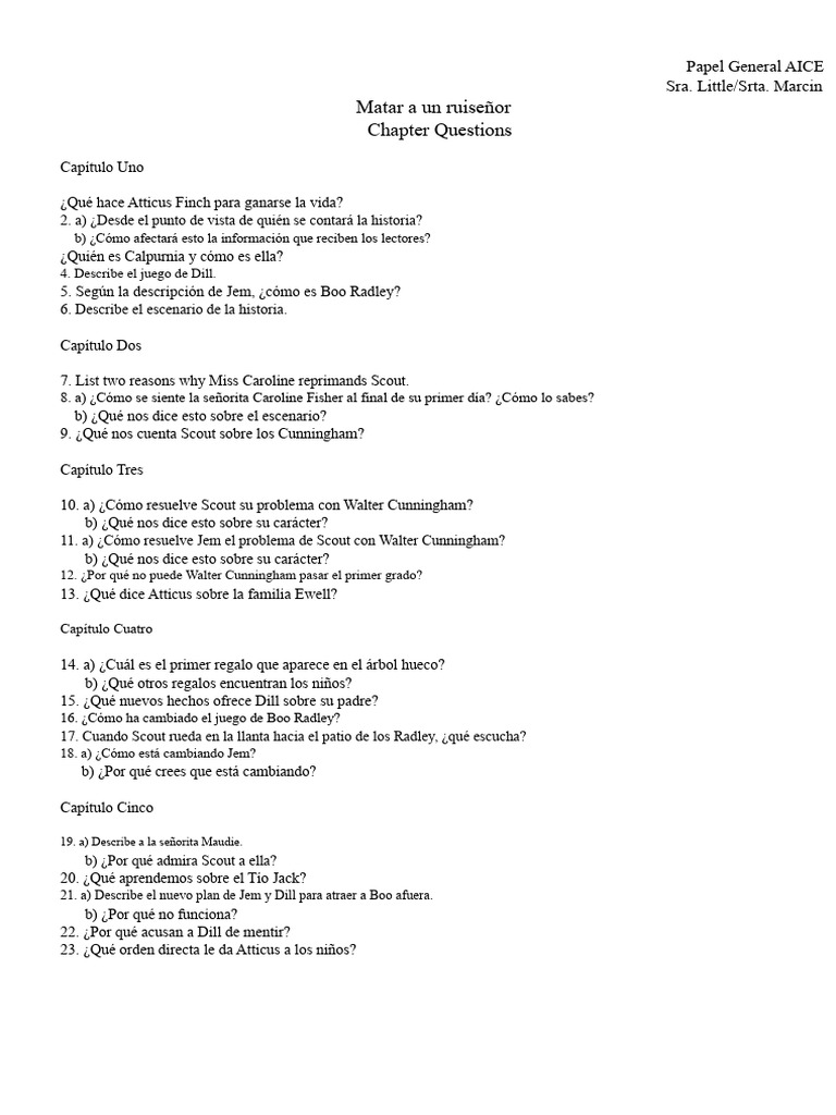 Preguntas Del Capítulo de Estudiantes de TKaM Sin Clave | PDF | Matar a ...