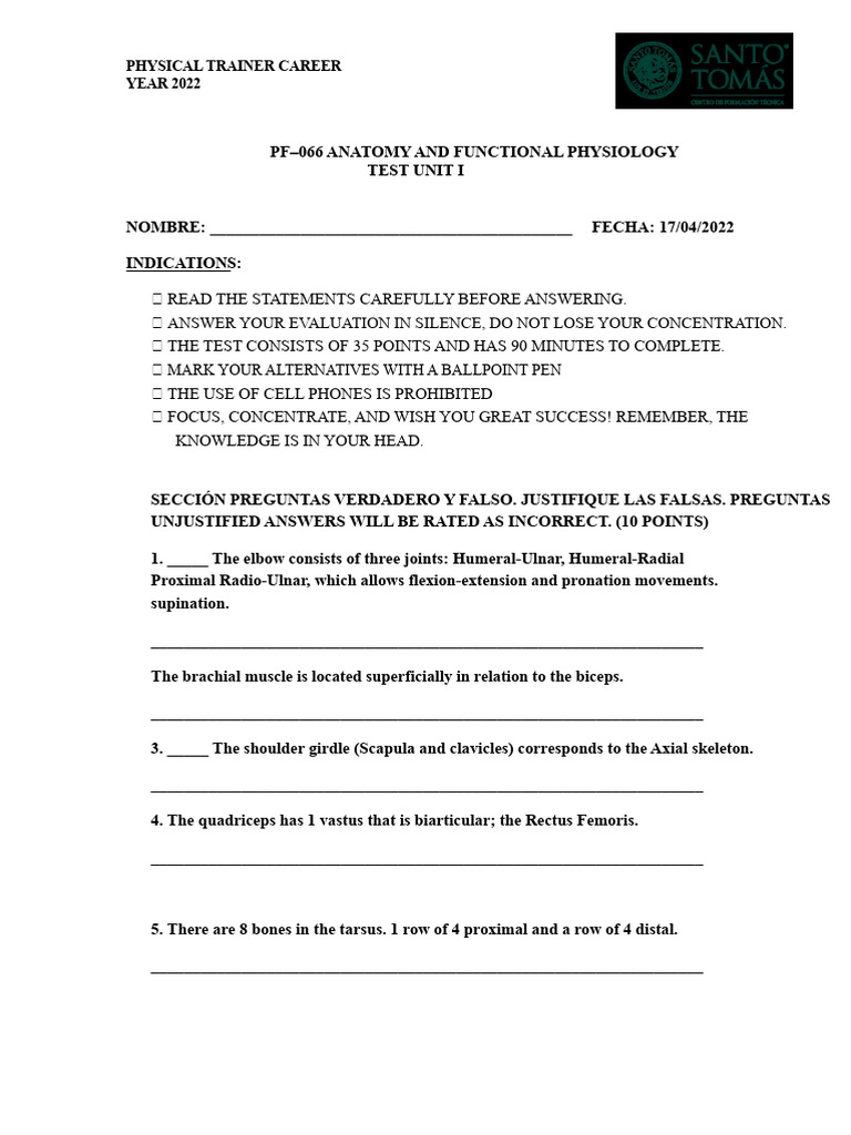 Test Unit 1 Anatomy PDF | PDF | Musculoskeletal System | Limbs (Anatomy)