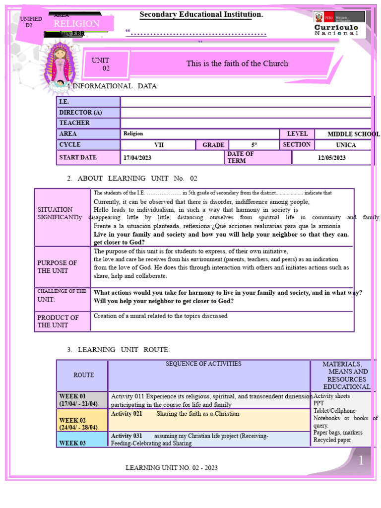 5TH Unit 2 Religion - 2023 | PDF | Learning | Faith