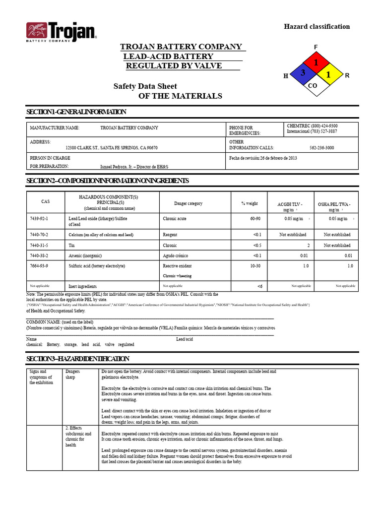 Lead-Acid Battery Safety Data Sheet | PDF | Lead | Magnesium