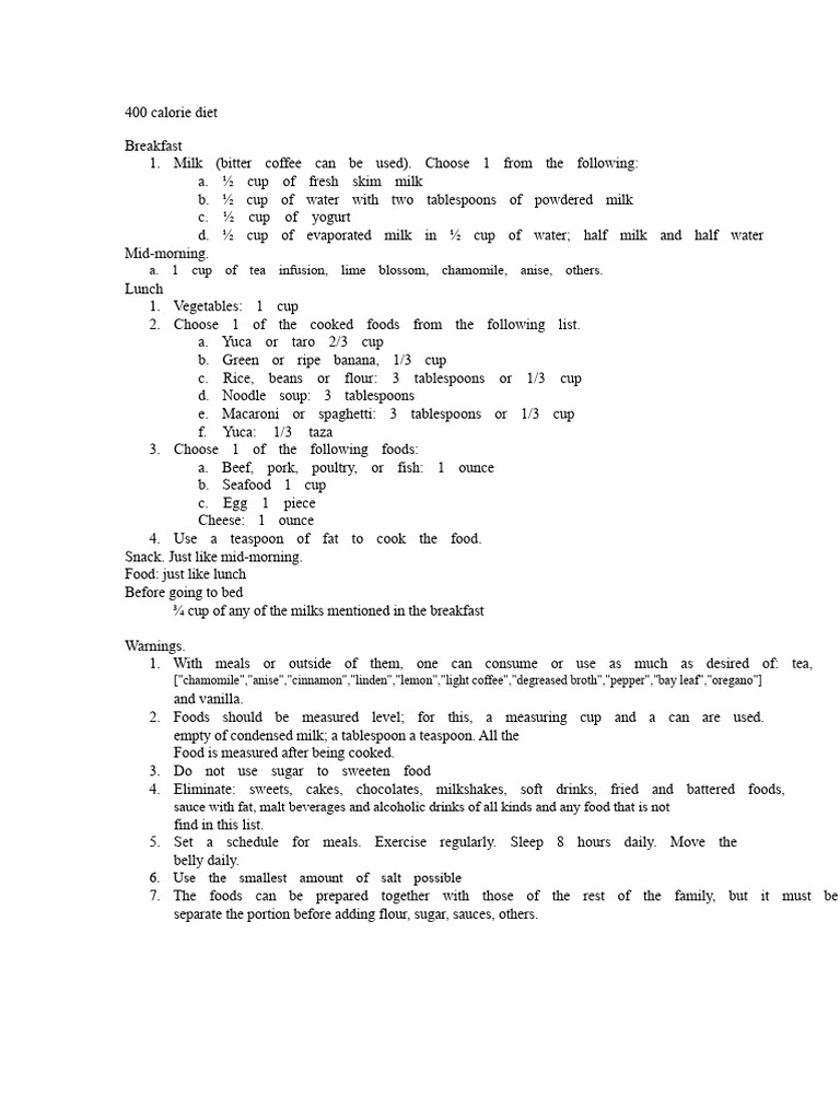 400 Calorie Diet Meal Plan Guide | PDF | Drink | Foods