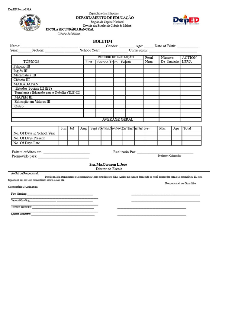 Boletim Escolar DepED Form-138A | PDF