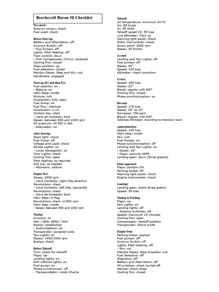 Beechcraft Baron 58 Flight Checklist | PDF | Aviation | Aircraft