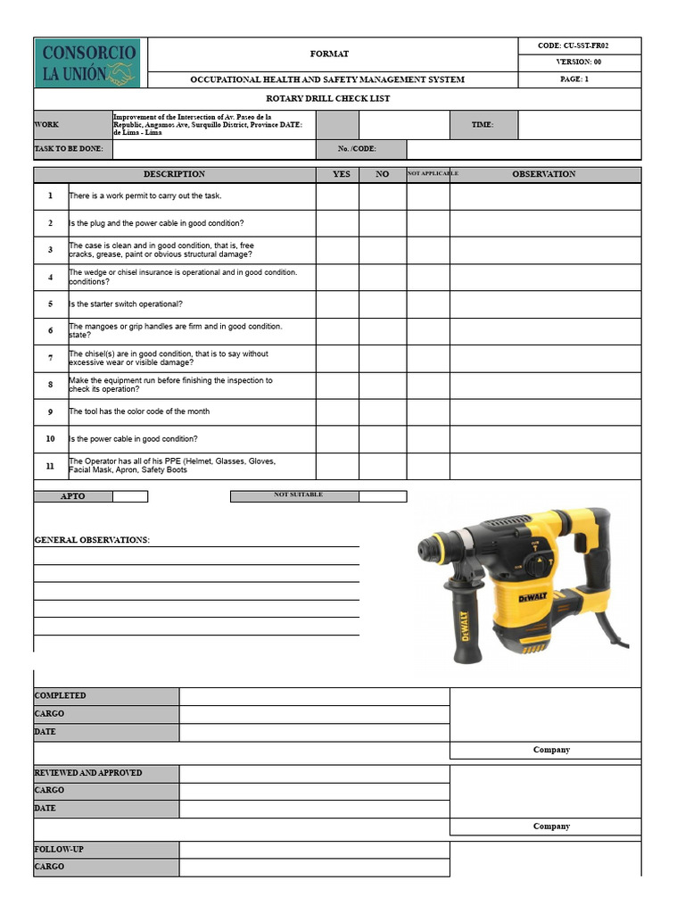 CU-SST-FR02 - Rotary Hammer Checklist | PDF