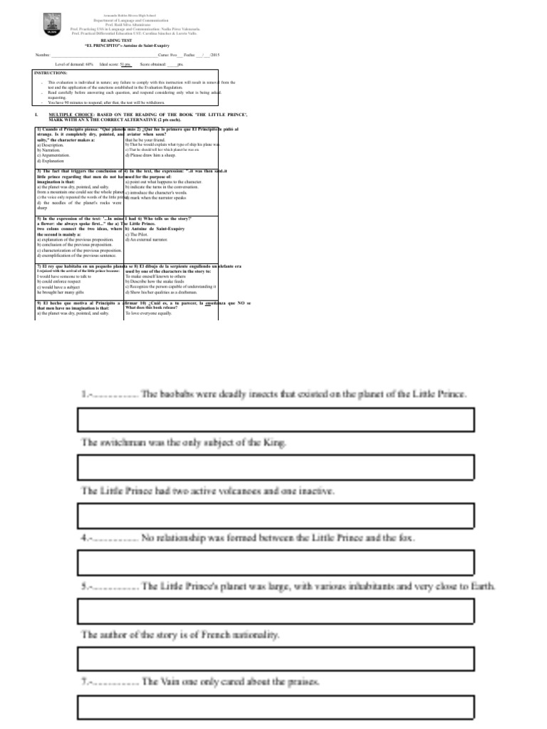 Reading Test The Little Prince 8TH | PDF | The Little Prince | Multiple ...