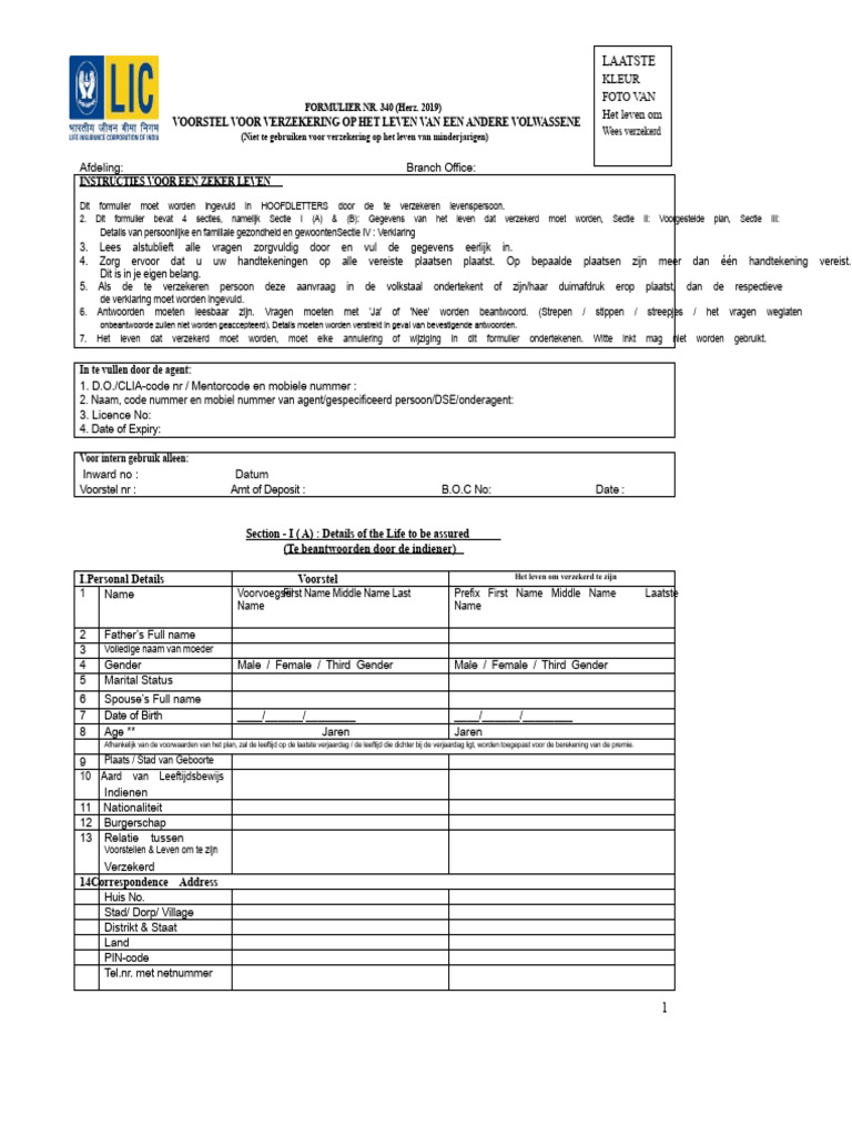 LIC - Voorstelformulier - 340 - Herzien - 01-02-2020 | PDF
