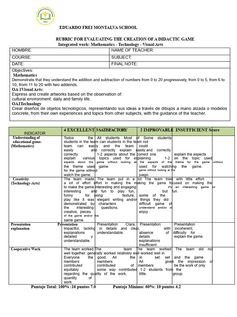 Mathematical Game Rubric Pdf Cognition
