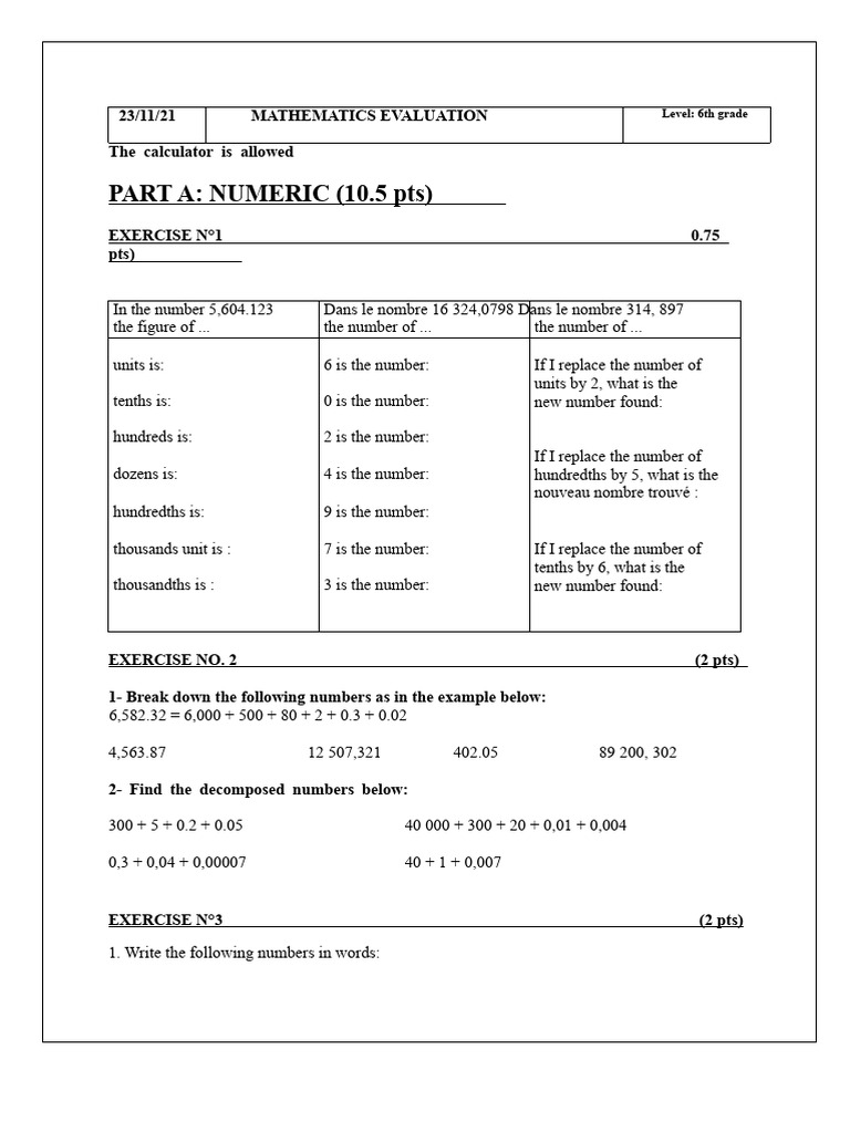 Mathematics Evaluation 6TH Grade | PDF | Numbers | Elementary Mathematics