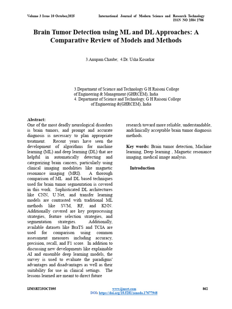 Brain Tumor Detection: ML vs. DL Review | PDF | Machine Learning | Deep ...