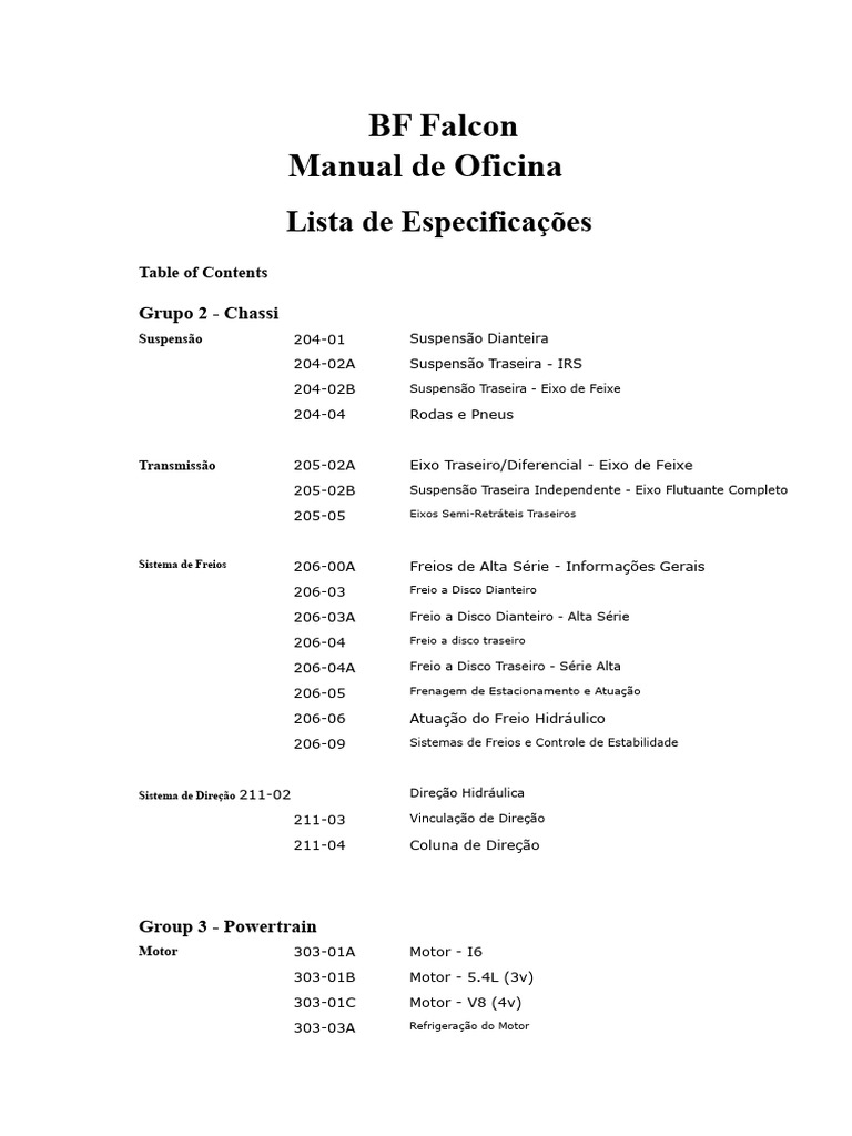Manual de Oficina BF Falcon: Especificações | PDF | Eixo | Câmbio manual