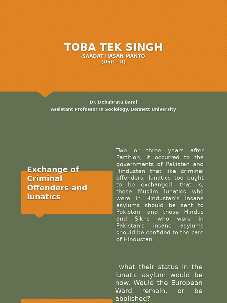 Toba Tek Singh: Partition and Identity | PDF | Partition Of India ...