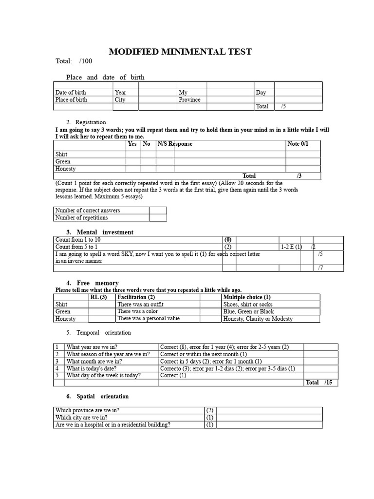Modified Mini Mental Test 3ms | PDF | Multiple Choice | Memory