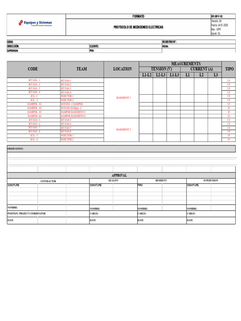 ELECTRICAL MEASUREMENTS PROTOCOL (Template) | PDF